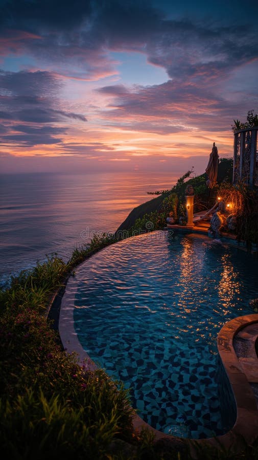Scenic View of Infinity Pool Overlooking Ocean at Sunset, Featuring a ...