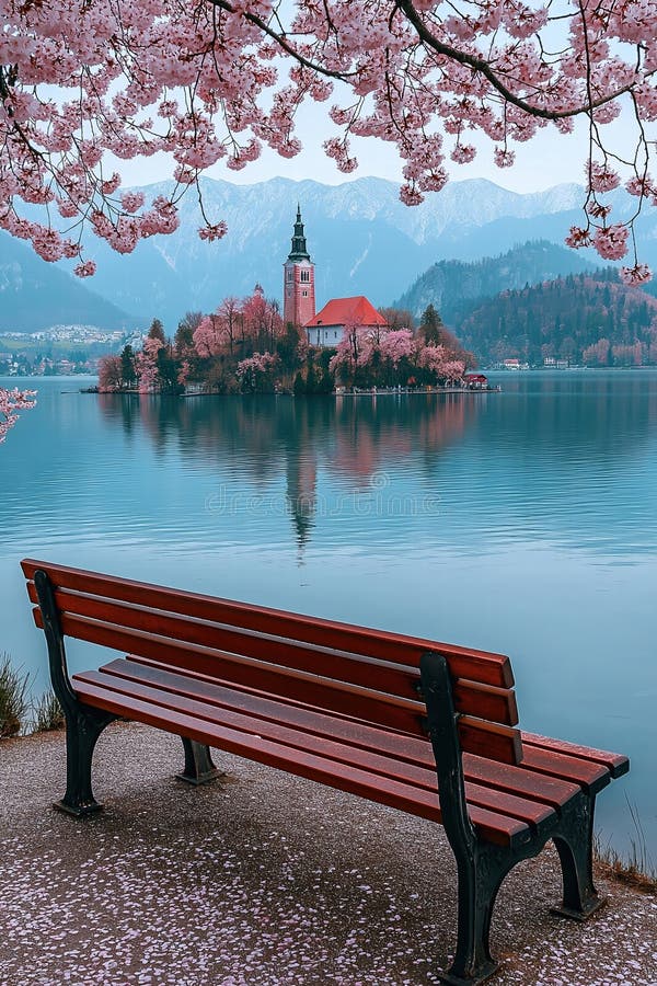 Empty Bench Overlooking Lake Bled Island in Spring Bloom Stock ...