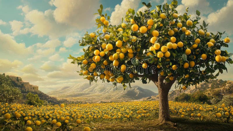 Scenic View of a Lemon Tree Growing in a Field of Lemons, with ...