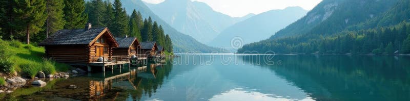 Scenic View of Log Cabins on a Pristine Lake, Surrounded by Forest ...