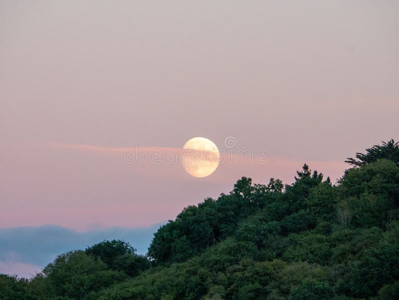 Scenic View from Lush Green Hill of Full Moon in Pink Sky Stock Photo ...