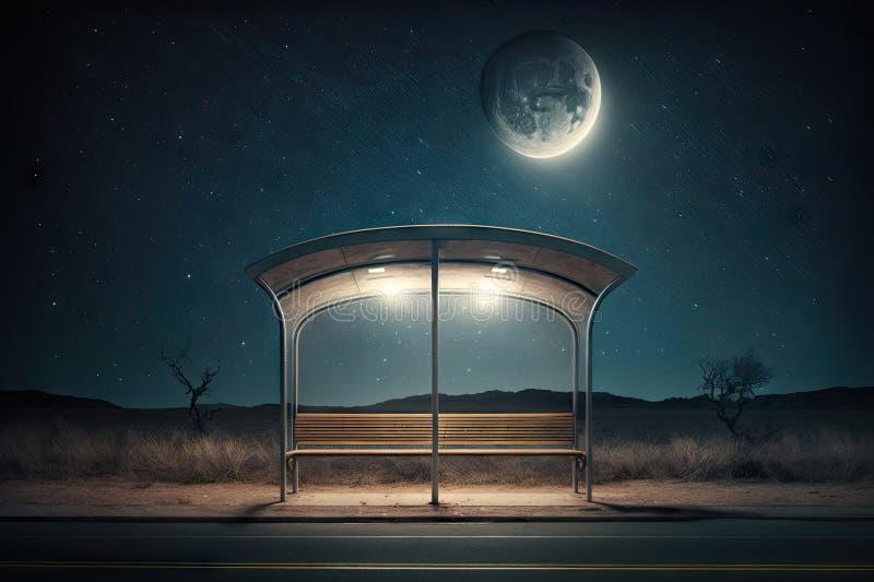 Scenic View of the Moon and Stars Shining Above Empty Bus Stop at Night ...