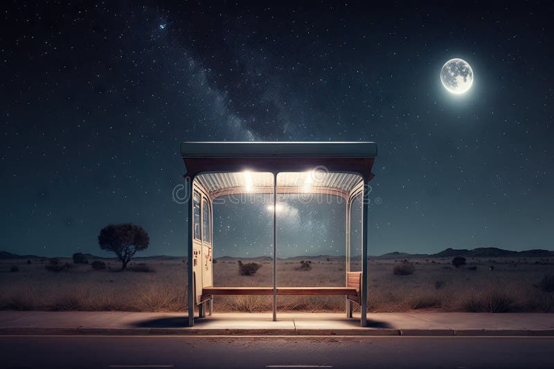 Scenic View of the Moon and Stars Shining Above Empty Bus Stop at Night ...