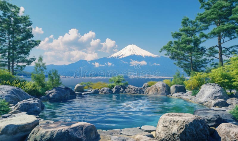 Scenic View of Mount Fuji with Tranquil Hot Spring and Lush Greenery ...
