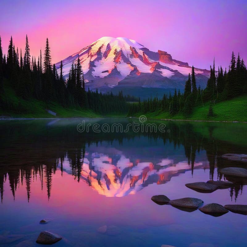 Scenic View of Mount Rainier Reflected Across the Reflection Pink ...