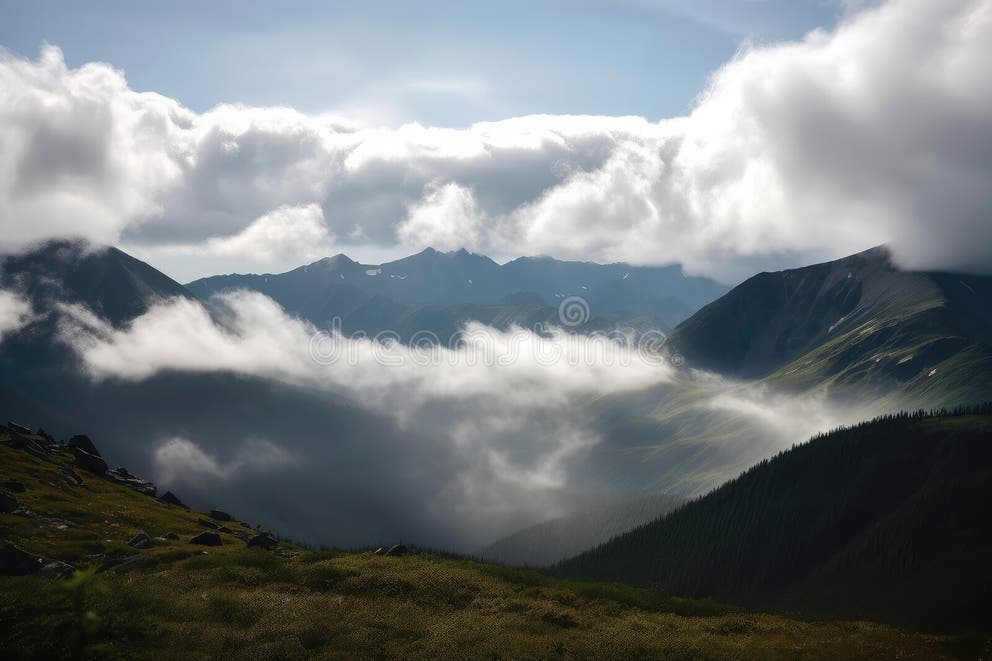 Scenic View of Mountain Range, with Clouds Rolling Past the Peaks Stock Illustration ...