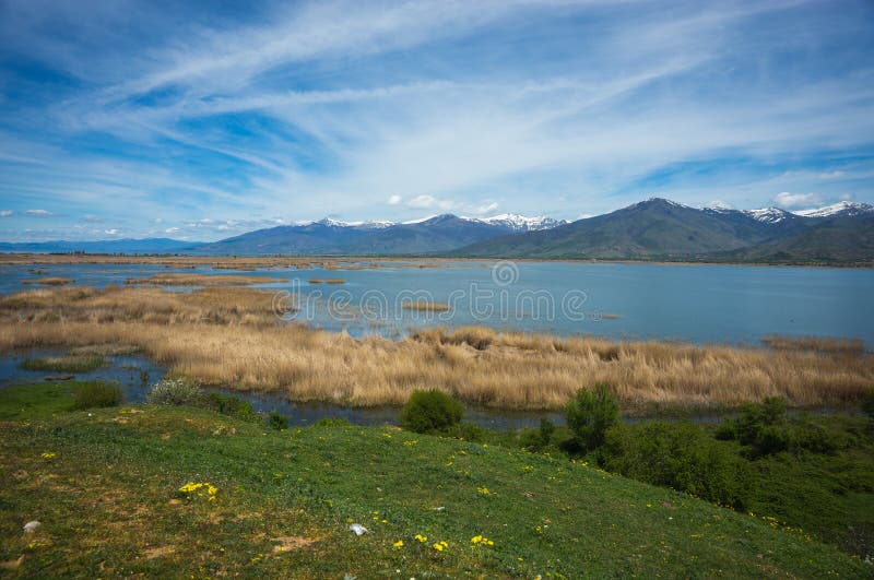 A Scenic View of the Mountains and Lake Prespa, Greece Stock Photo ...