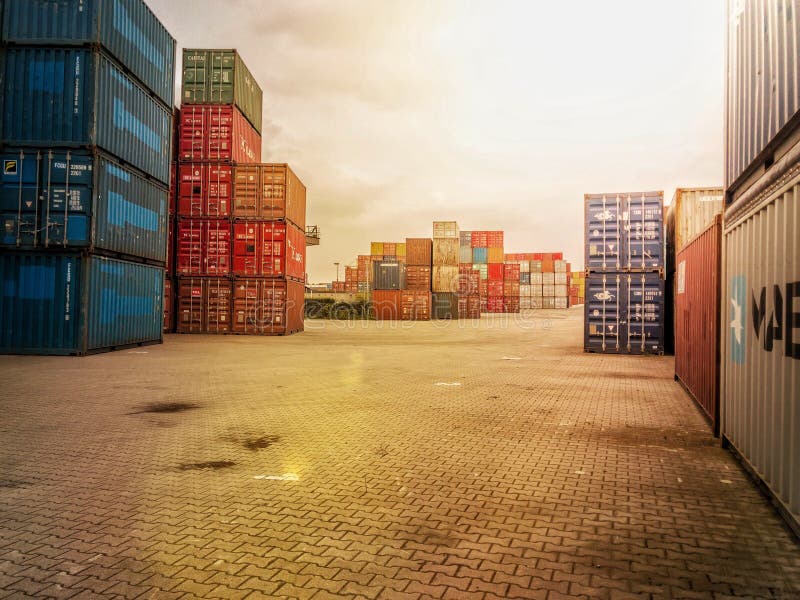 Scenic View of Multiple Containers at the Port in Duisburg with the Sun ...