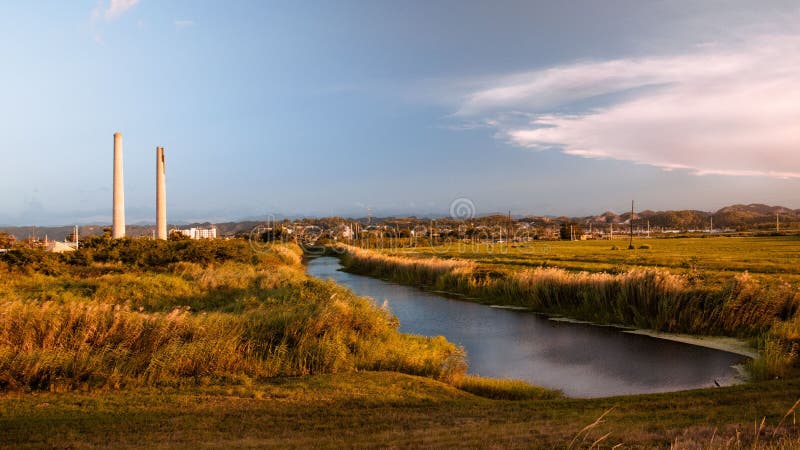 Scenic View of a Narrow River Flowing Amid the Fields Under the Blue ...