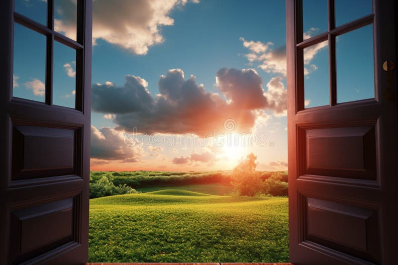 Scenic View Open Door Frames Sunrise Sky and Green Meadow Stock ...