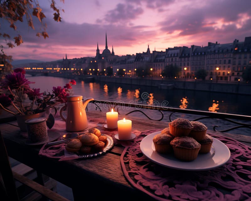 Scenic View of Paris from a Rooftop Terrace at Sunset with Table for ...