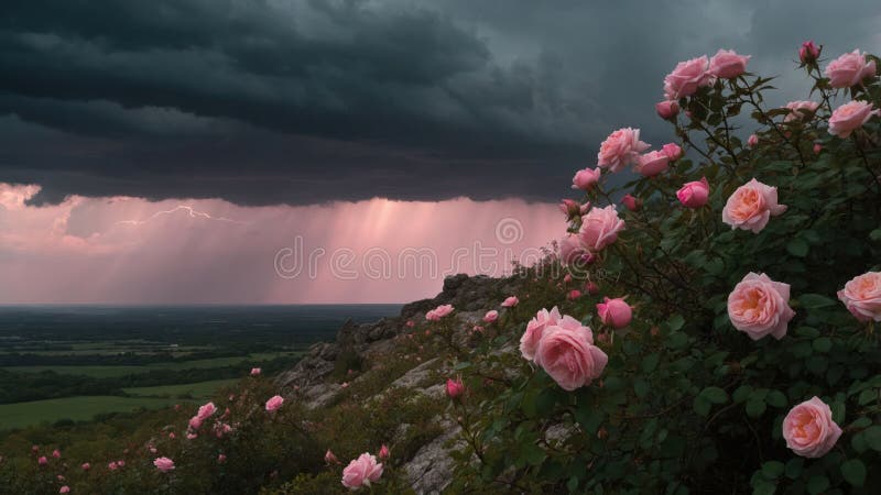 Pink Roses Blooming on Hilltop Under Dramatic Stormy Sky Stock ...