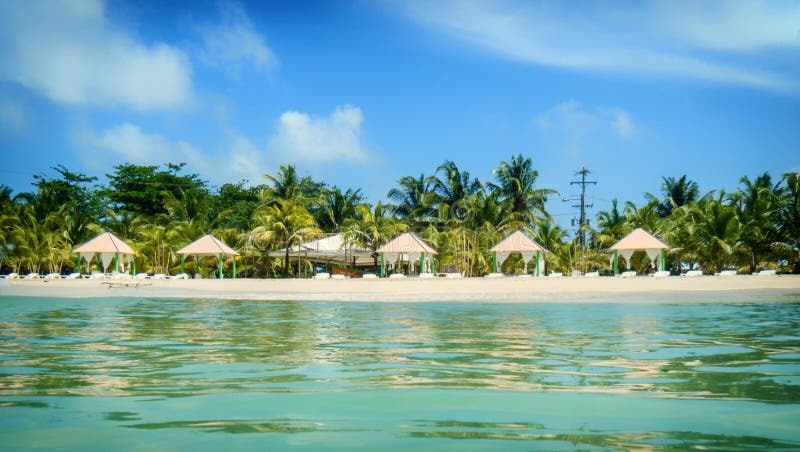 Scenic View of Private Sandy Beach with Sun Beds from the Sea Stock ...