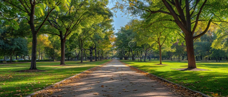 Scenic View of Public Park with Lush Trees and Walk Paths from a Low ...