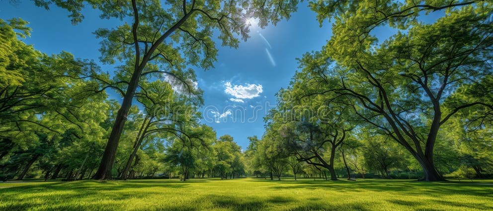 Scenic View of Public Park with Lush Trees and Walk Paths from a Low ...