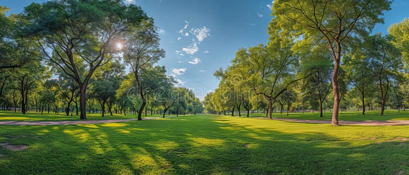 Scenic View of Public Park with Trees and Walk Paths from a Low Angle ...
