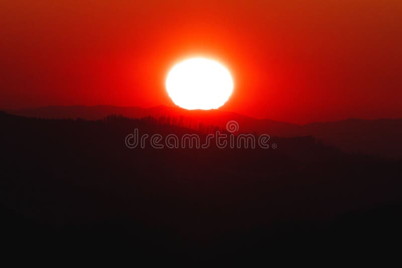 Scenic View of a Red Cloudless Sunset in the Background of Forest ...