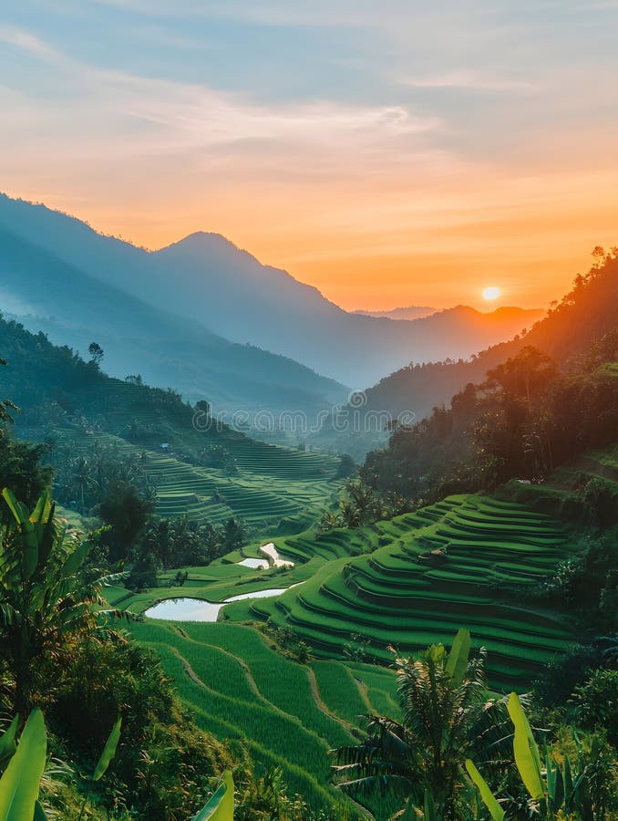 A Scenic View of Rice Terraces in a Valley with Mountains and a Sunset ...
