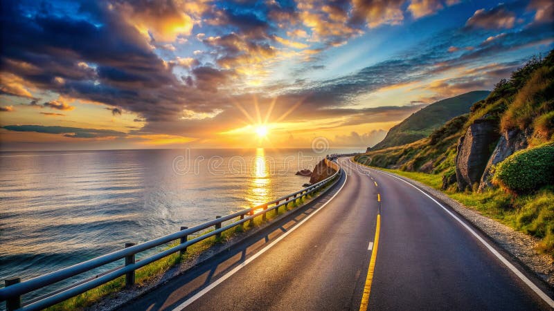 A Scenic View of a Road Alongside the Sea Captured at Sunrise AI ...