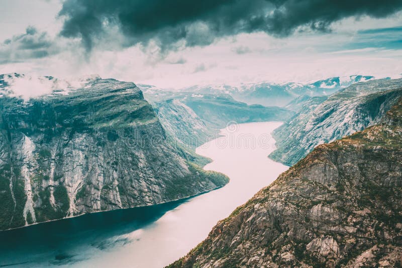 Scenic View from Rock Trolltunga - Troll Tongue in Norway Stock Photo ...