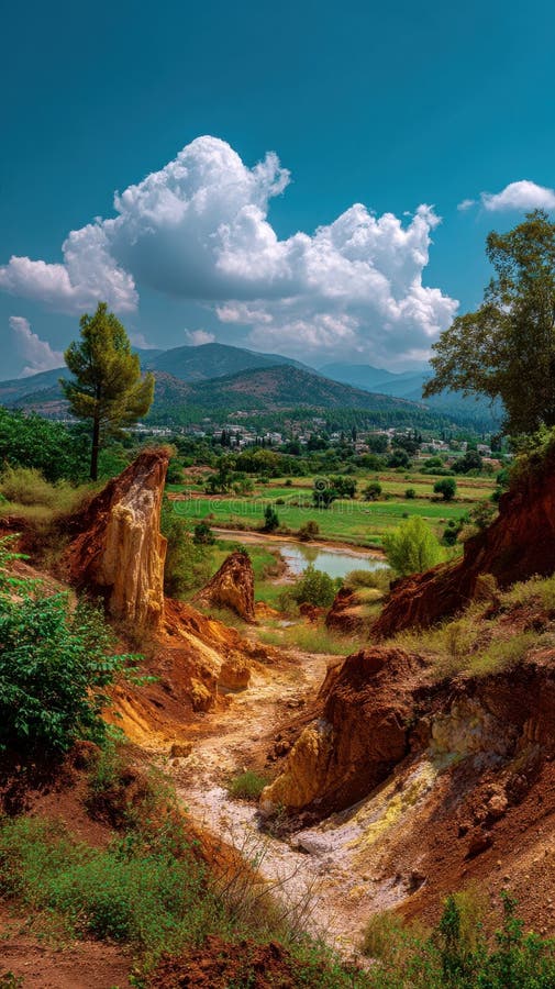 Scenic View of Rust-colored Terrain with Distant Mountains, Vegetation ...