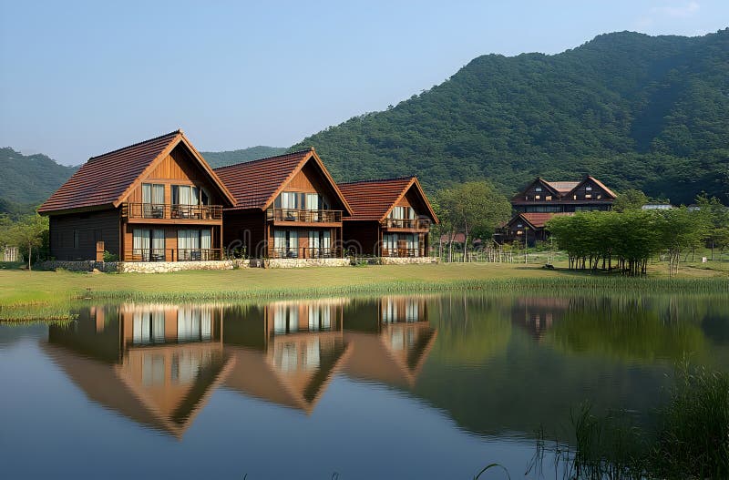 Scenic View of Rustic Cabins by a Tranquil Lake, Surrounded by Lush ...