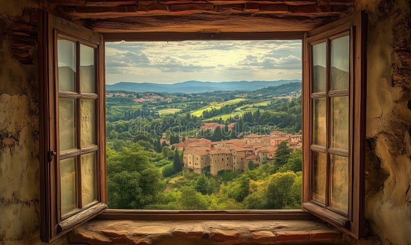 Scenic View from Rustic Window Overlooking Tuscan Countryside and ...