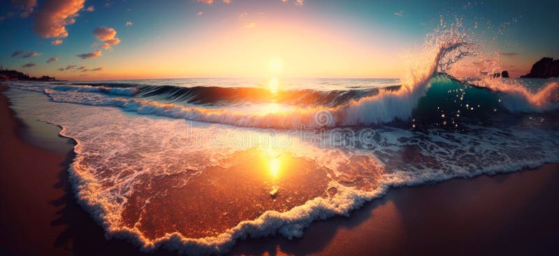 Scenic View of the Sea Shore Waves, Sandy Beach, Sun, Sunset,Generative ...