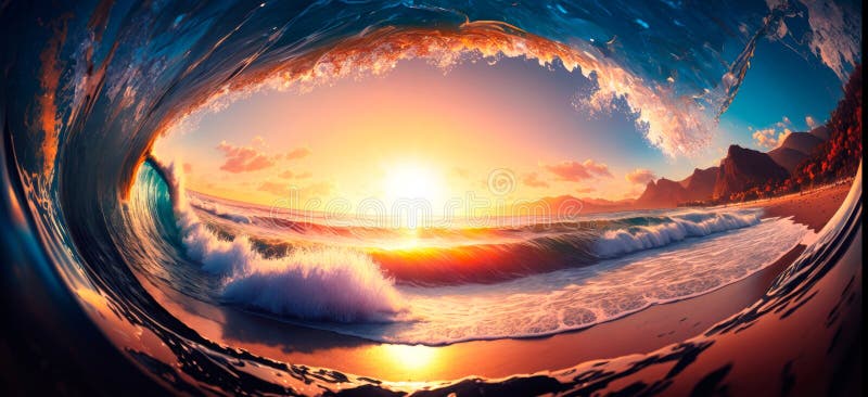 Scenic View of the Sea Shore Waves, Sandy Beach, Sun, Sunset,Generative ...