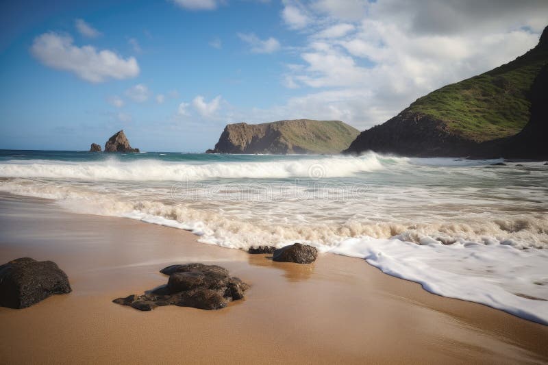 Scenic View of a Secluded Beach with Waves Rolling Onto the Shore Stock ...