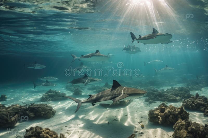 Scenic View of Sharks and Rays Swimming in Serene Ocean Setting Stock ...