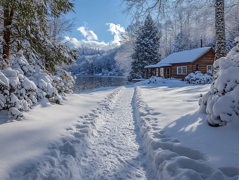 Scenic View of a Snow-covered Pathway Leading To a Cabin Stock ...