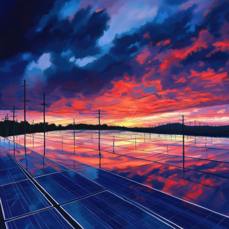 A Scenic View of a Solar Array during a Beautiful Sunset Stock Photo ...