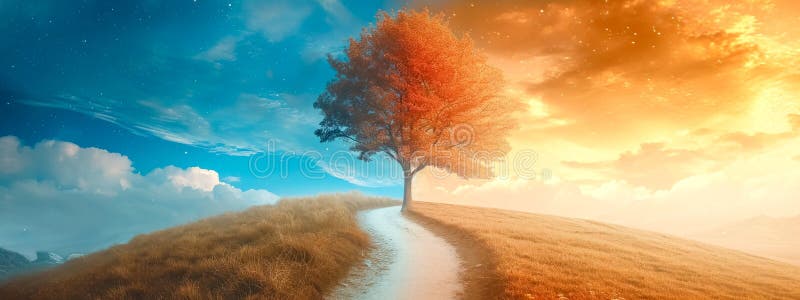 Scenic View of a Split Pathway Under a Vibrant Tree with Day and Night ...
