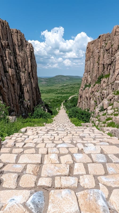 Scenic View of Stone Pathway between Rocky Cliffs, Leading To Lush ...