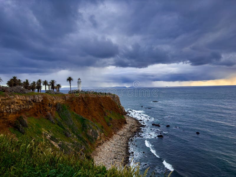 Scenic View of Sunset at White Point Beach with a Lighthouse Stock ...