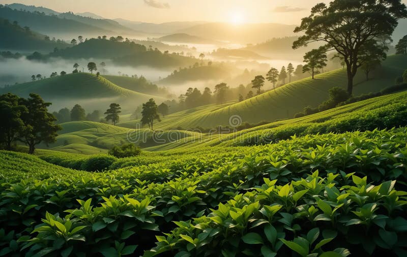 A Scenic View of a Tea Plantation with Misty Hills in the Background ...