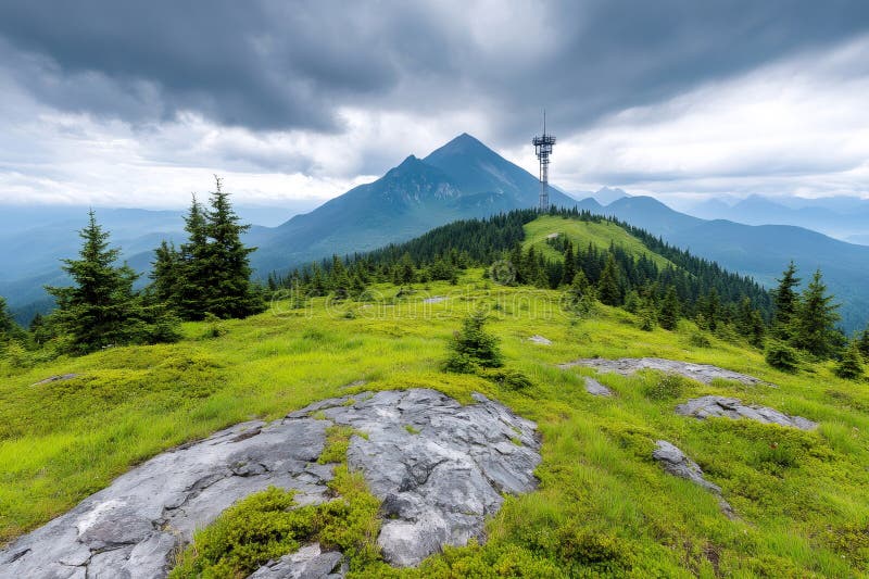 Telecommunication Tower Rising on Grassy Mountain Ridge Under Cloudy ...
