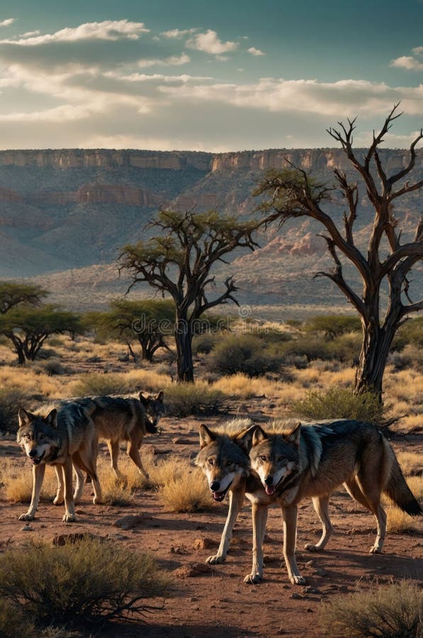 A Majestic Wolf Pack in the African Savanna at Sunset Stock ...