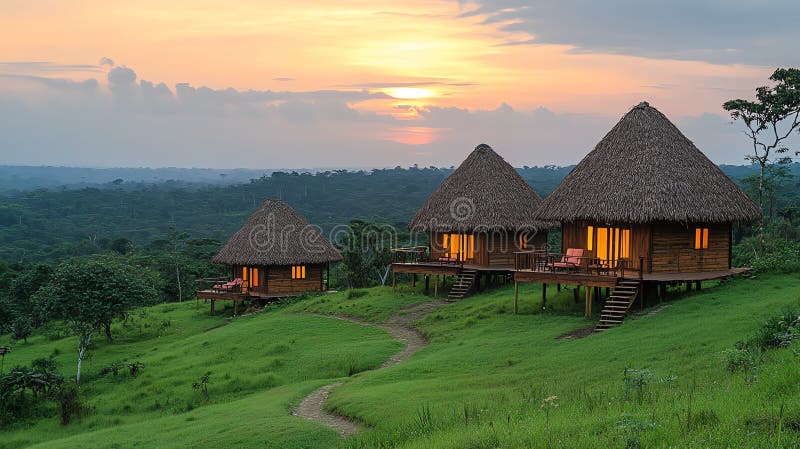 Scenic View of Traditional Huts Surrounded by Lush Greenery at Sunset ...