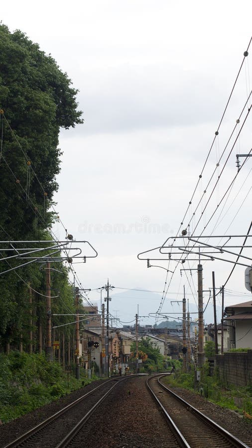 Scenic View of a Train Track Surrounded by Buildings, Trees, and ...