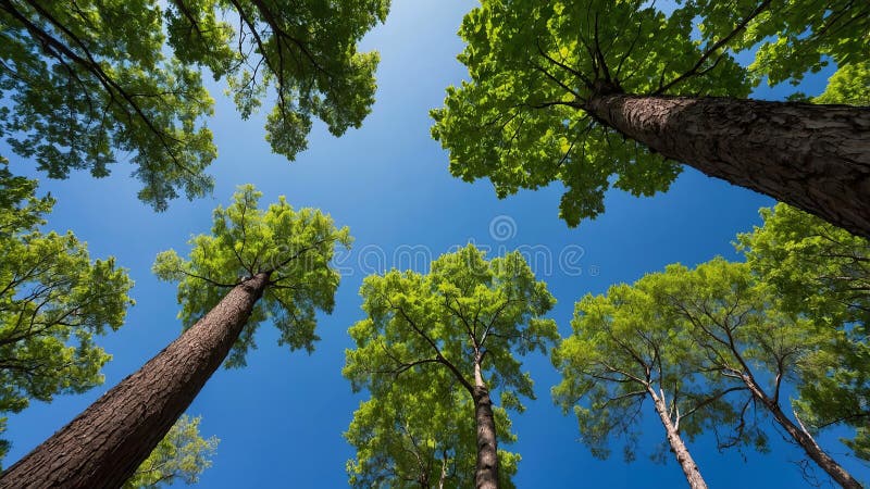 Scenic View Up at Tops of Trees with Blue Sky. Green Flora. Environment ...