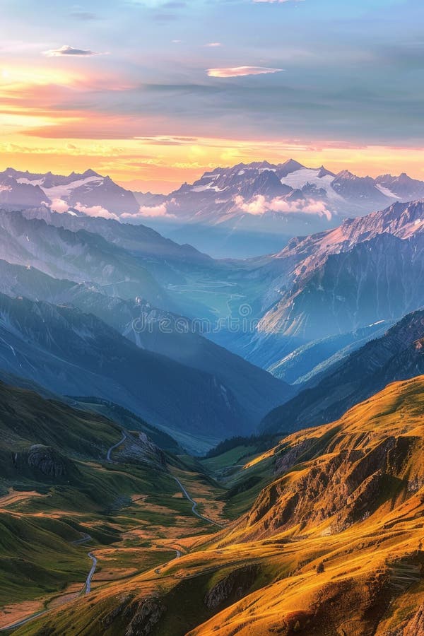 Scenic View of a Valley Surrounded by Mountains, Ideal for Travel or ...