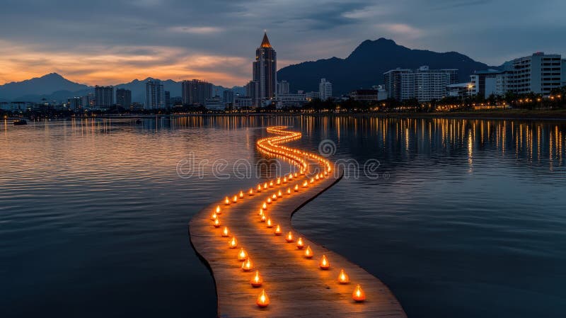 Scenic View of Waterfront City Skyline during Sunset with Glowing ...