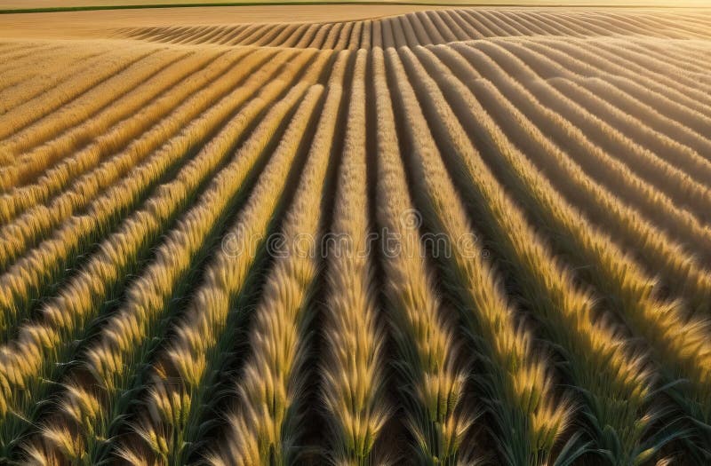 Scenic View of Wheat Field with Golden Wheat and Valley Landscape, Rows ...