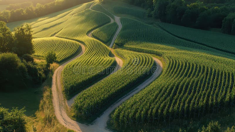 A Scenic View of Winding Paths through Lush Green Fields at Sunset ...