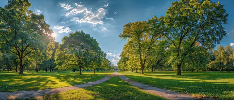 Scenic Views of Trees and Walk Paths in a Public Park from a Low Angle ...