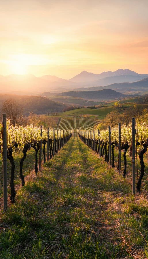 Scenic Vineyard with Budding Vines and Rolling Hills at Sunrise Ideal ...