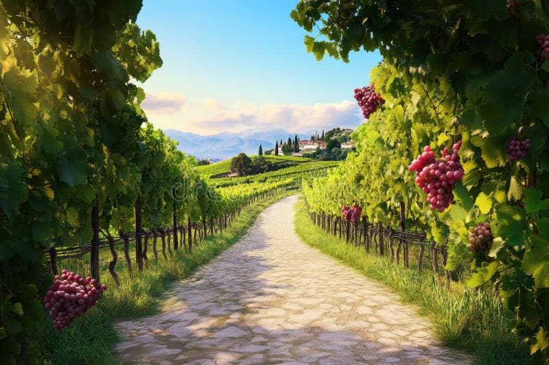 Scenic Vineyard Pathway with Lush Grapes and Distant Hills Under a ...