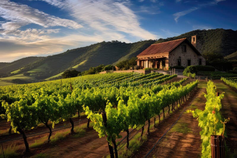 Scenic Vineyard with Rows of Grapevines and Rustic Winery. Generative ...
